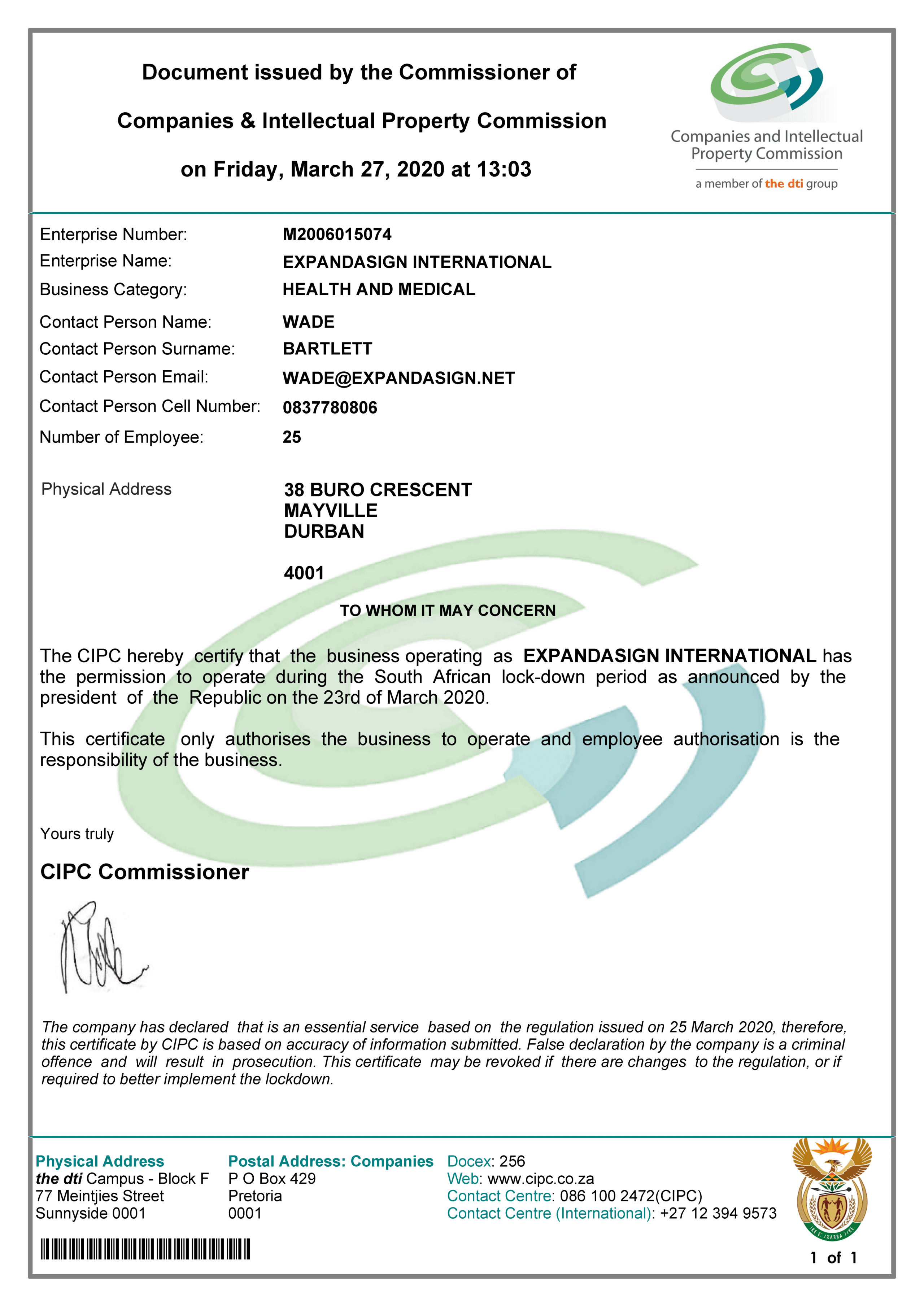 Authority to operate as an essential service - Expand a Sign